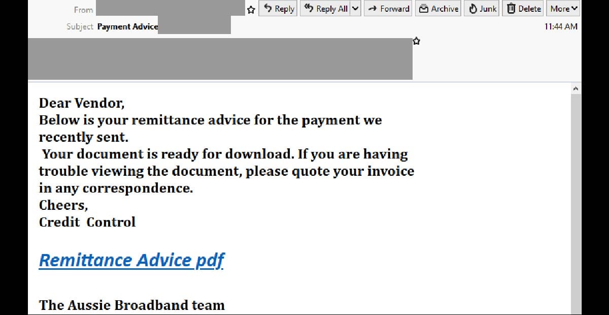 Warning: Remittance advice email purporting to be from ‘Aussie Broadband’ leads to fake ...